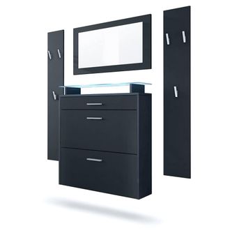 Vladon Garderobe Malea, Garderobenset bestehend aus 1 Hängeschuhschrank, 1 Wandspiegel und 2 Garderobenpaneele, Anthrazit matt/Schwarz matt, inkl. LED-Beleuc
