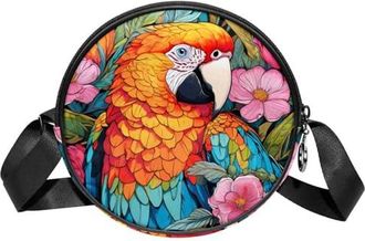 Generic Petit sac &agrave; bandouli&egrave;re rond pour femme, motif perroquet avec fermeture &eacute;clair, bretelles r&eacute;glables, sac &agrave; main rond d&eacute;contract&eacute; pour femmes et filles