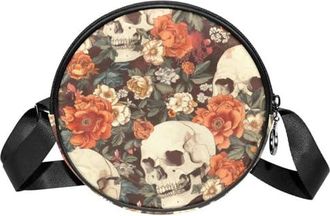 Generic Sac &agrave; bandouli&egrave;re rond pour femme, motif t&ecirc;te de mort, fleurs, petit sac &agrave; dos &agrave; bandouli&egrave;re avec fermeture &eacute;clair, bretelles r&eacute;glables, sac &agrave; main ro