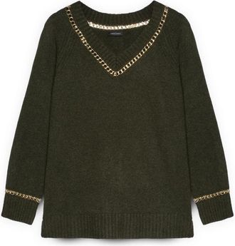 Fiorella Rubino Femme, Pulls, Vert, Taille: 44 FR Pull &agrave; Col V avec D&eacute;tails de Cha&icirc;ne