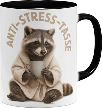OM3 Waschb&auml;r Anti-Stress Kaffee-Tasse mit Spruch - Lustige Raccoon Keramiktasse mit Bademantel - Keramik Becher - 325ml - Beidseitig Bedruckt - Schwarz