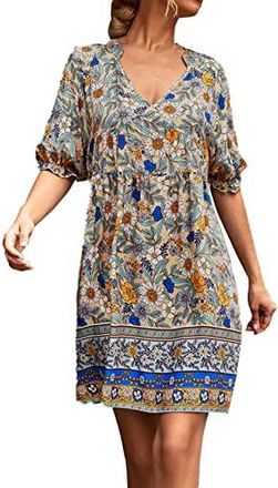 Generic Mini robe trap&egrave;ze d&eacute;t&eacute; 2026 &agrave; manches courtes et col en V pour femmes, &agrave; imprim&eacute; floral et &agrave; volants, bleu, S