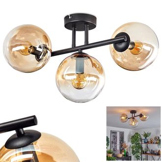 HOFSTEIN Deckenleuchte Gastor, 3-flammige Deckenlampe aus Metall/Glas in Schwarz/Bernstein/Klar, moderne Leuchte im Retro/Vintage-Design (Schirme &Oslash; 15cm), E14,