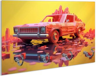 Wallario Schlüsselbrett aus Glas 30 x 20 cm, Wand Schlüsselhalter mit 4 Haken, Motiv: Pixelauto