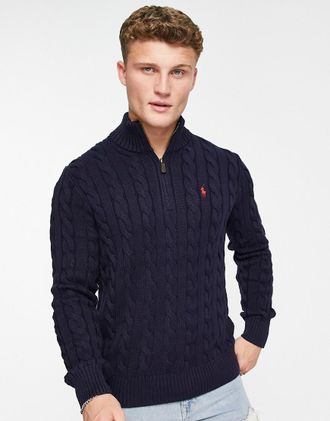 Polo Ralph Lauren Pull en maille torsadée de coton à fermeture éclair et logo emblématique - Bleu marine