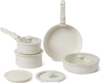 Amazon Basics Stapelbares Antihaft-Keramikkochgeschirr mit Abnehmbaren Griffen, 11-Teiliges Set, F&uuml;r alle Herdarten geeignet, Elfenbeinfarben