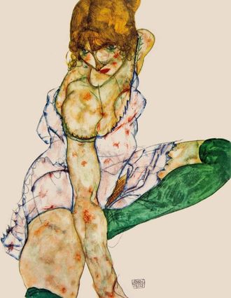 1art1 Egon Schiele Poster Blondes Mädchen mit Grünen Strümpfen 1914 Bilder Leinwand-Bild Auf Keilrahmen | XXL-Wandbild Poster Kunstdruck Als Leinwandbild 50