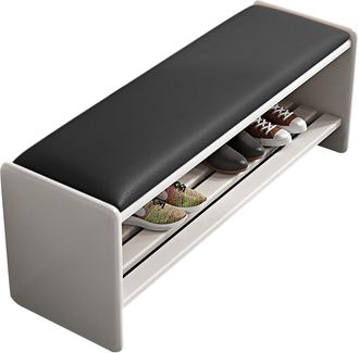 Generic Schuhbank Aus Holz for Den Eingangsbereich Mit Sitzfläche Aus PU-Leder, 2-stufige Flur-Aufbewahrungsbank for Wohnzimmer, Schlafzimmer, Foyer(White Bla