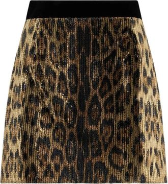Roberto Cavalli Femme, Jupes, Beige, Taille: 36 FR Mini-jupe &agrave; sequins imprim&eacute; l&eacute;opard