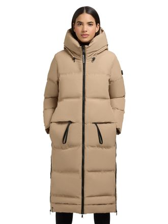Khujo Damen Wintermantel warmer Steppmantel lang mit hohen Gehschlitzen und Kapuze Aroma-YM Tao Sand Gr. L