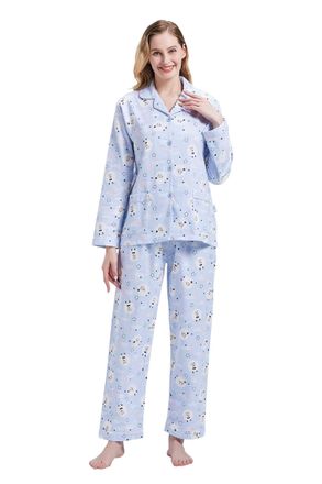 Global Schlafanz&uuml;ge Damen Flanell | Baumwolle Damen Pyjama Set | Zweiteiliger Nachtw&auml;sche Damen Pjs Set Lang | Knopfleiste vorne und Kordelzug | Blau,Schafe 