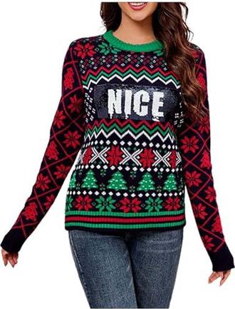 Generic Pull NoëL Femme Moche,Pull De NoëL Femme en Jacquard Brodé à Paillettes Sweater Tricoté Confortable Manteau Chaud Manches Longues Mode Hiver Tendance