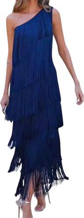 Onsoyours Femmes Robe Frangé Sexy Bretelles Chic Robe Longue Élégant sans Manches Irrégulier Maxi Robes Cocktail Soirée Party Fête A Bleu L