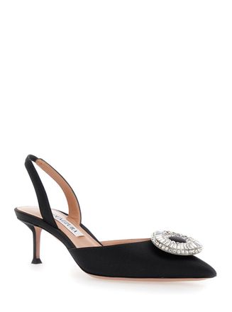 Aquazzura Womens Black Slingback Pumps With Rhinestoned Embellishment Tech Fabric