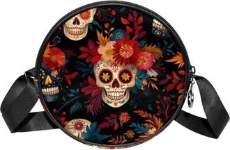Generic Petit sac &agrave; bandouli&egrave;re rond pour femme, motif t&ecirc;te de mort color&eacute;e, motif floral, avec fermeture &eacute;clair, bretelles r&eacute;glables, sac &agrave; main rond d&eacute;contr