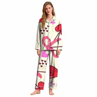 Generic Ensemble de v&ecirc;tements de nuit en satin de soie pour femme - Imprim&eacute; coeur - Pyjama &agrave; manches longues et pantalon - Ensemble 2 pi&egrave;ces - V&ecirc;tement de d&eacute;t