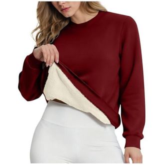Generic Pull Femme Hiver Chic et &eacute;l&eacute;gant Couleur Unie D&eacute;contract&eacute; Sweatshirts col Rond Ample Pullover Mode Manche Longue Pull Femme Chaud Doubl&eacute; Tops Vin Roug