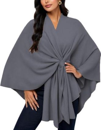 Minetom Poncho Femme Cape El&eacute;gante Wrap Ch&acirc;le Echarpe Cardigan Printemps Automne Couleur Unie Poncho A Gris Fonc&eacute; Taille Unique