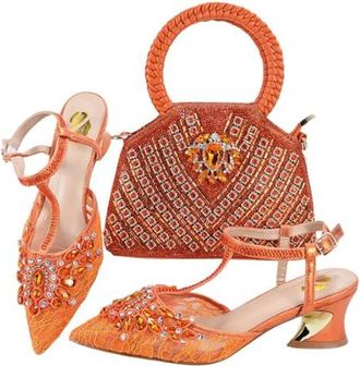Generic Ensemble Chaussure et Sac Femme Style Italien Nigérian Pantoufles Bout Pointu avec Cristal pour Fête, Orange, 43 EU