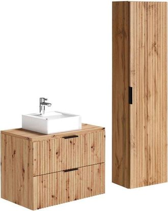 Vente-Unique Vente-unique - Meuble de salle de bain suspendu strié avec vasque à poser et colonne - Naturel clair - 80 cm - zevara