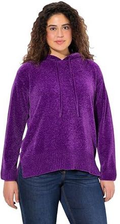 Ulla Popken Femme Grandes Tailles Sweat-Shirt en Maille Chenille, Capuche avec Cordon de Serrage, Manches Longues Violet foncé 50+ 833068835-50+