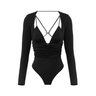 Elisabetta Franchi Femme, Tops, Noir, Taille: 38 FR Cr&ecirc;pe Jersey Bodysuit avec Drap&eacute;