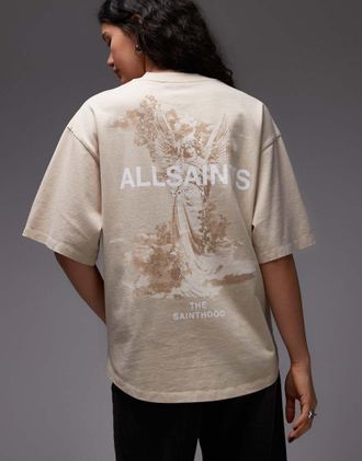AllSaints Guardian Amelie - T-Shirt in Beige mit Logo- und R&uuml;ckenprint-Neutral