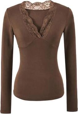 Generic Fashion Splicing Hollow Neck Stretch Top Femmes Temp&eacute;rament Top Printemps Automne Mode Casual Bottoming Shirt, marron, M