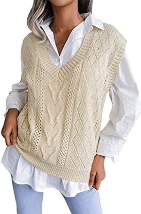 Generic Pull d&eacute;contract&eacute; en tricot &agrave; carreaux pour femme - Couleur unie - Col en V - Sans manches - Pour lautomne et lhiver, blanc, L