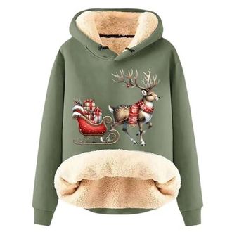 Generic 2026 Printemps &Agrave; La Mode De No&euml;l Imprim&eacute; Cerf Femmes Automne Et Hiver Plus Velours &Eacute;paissi Chaud Cardigan Pull &agrave; Capuche Agneau, vert clair, 4XL