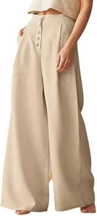 SHEKINI Pantalon Femme en Lin Jambe Droite Palazzo Pantalon Taille Haute Décontractés Travail Pantalon Plissé Devant Vintage Pantalon avec Poches et Boutons S