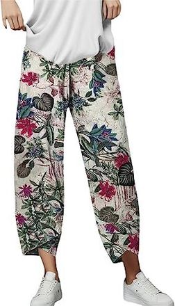 Generic Pantalon Palazzo Femme Taille Haute Jambe Large imprim&eacute; 7/8 &eacute;t&eacute; Leger Fluide Coton Lin Plage detente Maison Longueur Baggy Toile Elastique Ethnique Mo