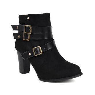 Generic Chaussures dhiver en peluche pour femme avec fermeture éclair latérale et sangles à boucle, confortables et rondes, à talons hauts, Noir, 38.5 EU