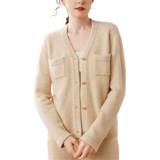 Generic Cardigan ouvert en cachemire doux pour femme - Col en V - Tricot - Printemps - Manches longues - Col en V - Boutonn&eacute;, Riz velours cru, Taille M