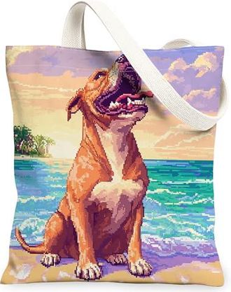 Generic Sac fourre-tout d&eacute;t&eacute; en toile motif chien Pitbull pour faire du shopping, 33 x 38,1 cm, sac d&eacute;picerie r&eacute;utilisable pour femme, peinture esth&eacute;tique, d&eacute;