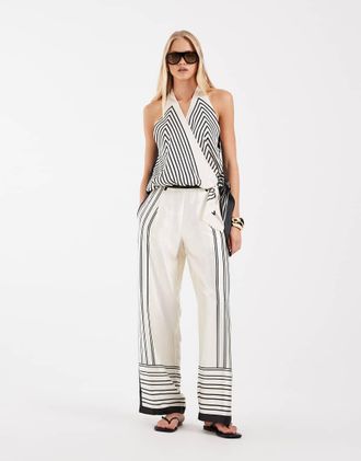 Vero Moda Pantalon palazzo ample densemble - Cr&egrave;me &agrave; imprim&eacute; abstrait-Blanc