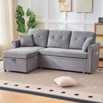 STILVORA Canap&eacute; dAngle Convertible avec Coffre, M&eacute;ridienne R&eacute;versible, et Poches Lat&eacute;rales, en Chenille Gris