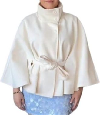 Generic Cinch Cape Jacket Femme &Eacute;l&eacute;gant Ceintur&eacute; Cape Veste Col Montant Chauve-Souris Cinch Capes Manteau Tendance Casual Caban, blanc, M