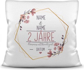 Tassendruck Kissen Hochzeitstag Baumwoll Hochzeit - mit Name & Datum selbst gestalten - 2 Jahre Ehe, Geschenk Hochzeit, Jubiläum, Jahrestag - Kissen Weiß flauschi