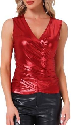 Allegra K D&eacute;bardeur M&eacute;tallique Femme Haut Cache-Coeur &agrave; Col en V Blouse Fronc&eacute; L&eacute;ger sans Manches Haut Brillant Rouge XL