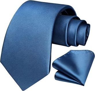Hisdern Cravate Homme Bleue Cravate et Mouchoir de poche Set - Travail Fête Mariage Cravates Soie avec Boîte Couleur Unie Cadeau pour hommes Saint Valentin,Bl