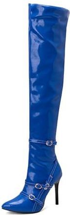 Generic Bleu,38 EU,Bottes Hautes pour Femmes avec Boucle de Ceinture Tendance, Bout Pointu, Talons Aiguilles, Fermeture éclair latérale, Bottes Hautes en Cuir