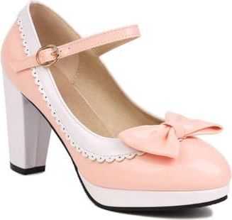 Generic Femmes Vintage Mary Jane Chaussures Chunky Bloc Talon Robe Pompes Arc Rétro Talons De Mariée,Rose,37 EU