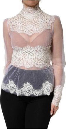 Dolce & Gabbana Femme, Tops, Blanc, Taille: 40 FR Sheer Lace Tulle Long Sleeve Top