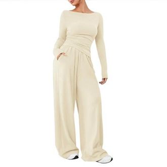 Generic Woman Suites Ensemble 2 pi&egrave;ces pour femme T-shirt asym&eacute;trique &agrave; manches longues Pantalon &agrave; jambes larges Tenue d&eacute;contract&eacute;e, beige, XXL