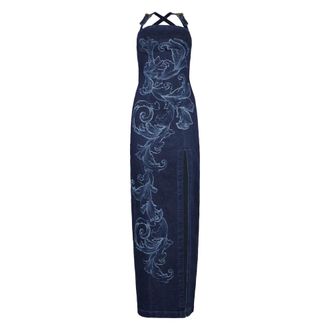 Versace Jeans Couture Femme, Robes, Bleu, Taille: 32 FR Outline Barocco Denim Long Dress