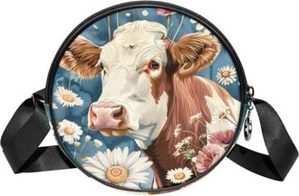 Generic Sac &agrave; bandouli&egrave;re rond pour femme, motif vache et marguerites, avec fermeture &eacute;clair, bretelles r&eacute;glables, style d&eacute;contract&eacute;, pour femmes et filles