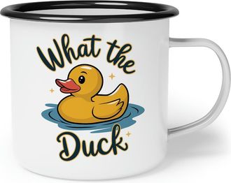 OM3 Emaille-Tasse mit Spruch - What the Duck - gelbe Ente | Emailletasse Emaille Becher | 10oz 300ml | Beidseitig Bedruckt | Metall-Tasse