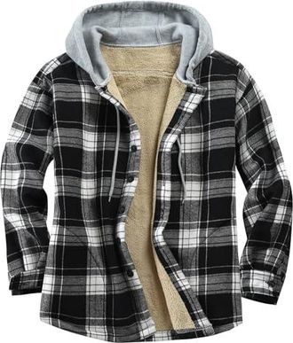 Generic Veste chemise &agrave; carreaux en coton pour homme - Fermeture &eacute;clair int&eacute;grale - Veste &agrave; capuche en polaire dagneau avec boutons - &Eacute;l&eacute;gant manteau dhiver c