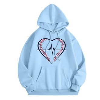 Generic 2026 Sweat &agrave; capuche d&eacute;contract&eacute; imprim&eacute; coeur pour femme, bleu ciel, XXL